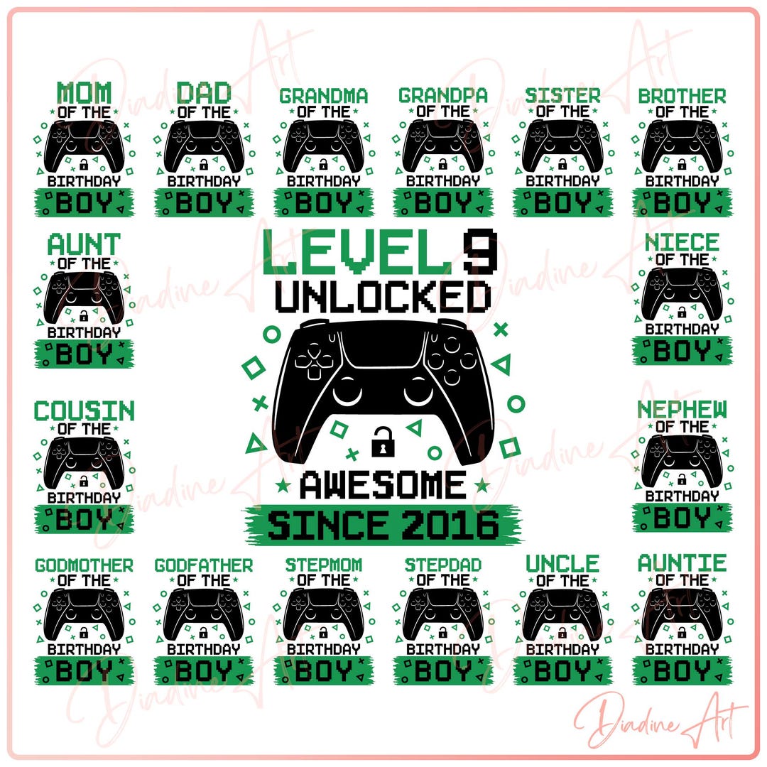 Birthday Boy Gamer Bundle SVG PNG, Level 9 Unlocked Awesome Since 2016 ...