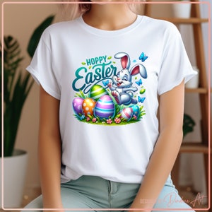 Joyful Bunny Hoppy Easter PNG, Cute Rabbit Hopping Amongst Easter Eggs ...