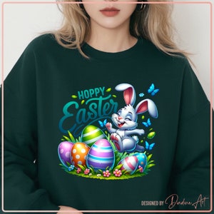 Joyful Bunny Hoppy Easter PNG, Cute Rabbit Hopping Amongst Easter Eggs ...