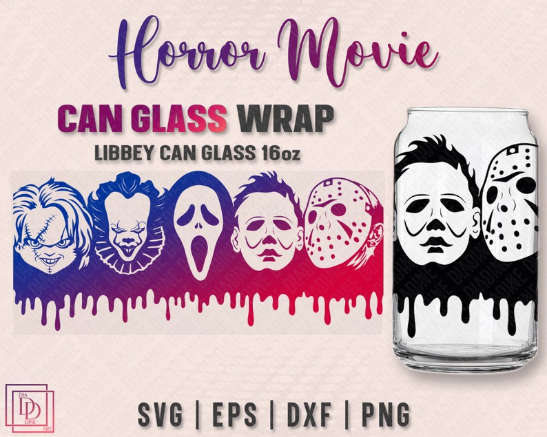 Horror Movies Can Glass Wrap SVG, Halloween Horror DIY Wrap for Libbey ...
