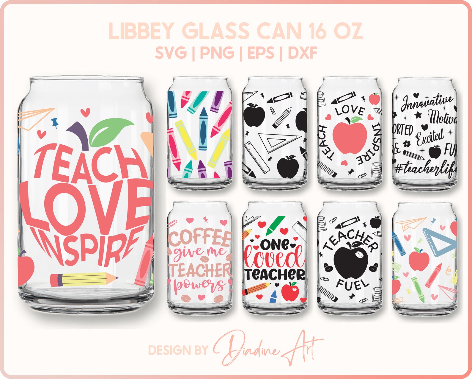 9 Teacher Seamless Full Wrap Bundle for Libbey Can Glass 16 Oz SVG PNG ...