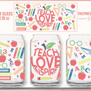 9 Teacher Seamless Full Wrap Bundle for Libbey Can Glass 16 Oz SVG PNG ...