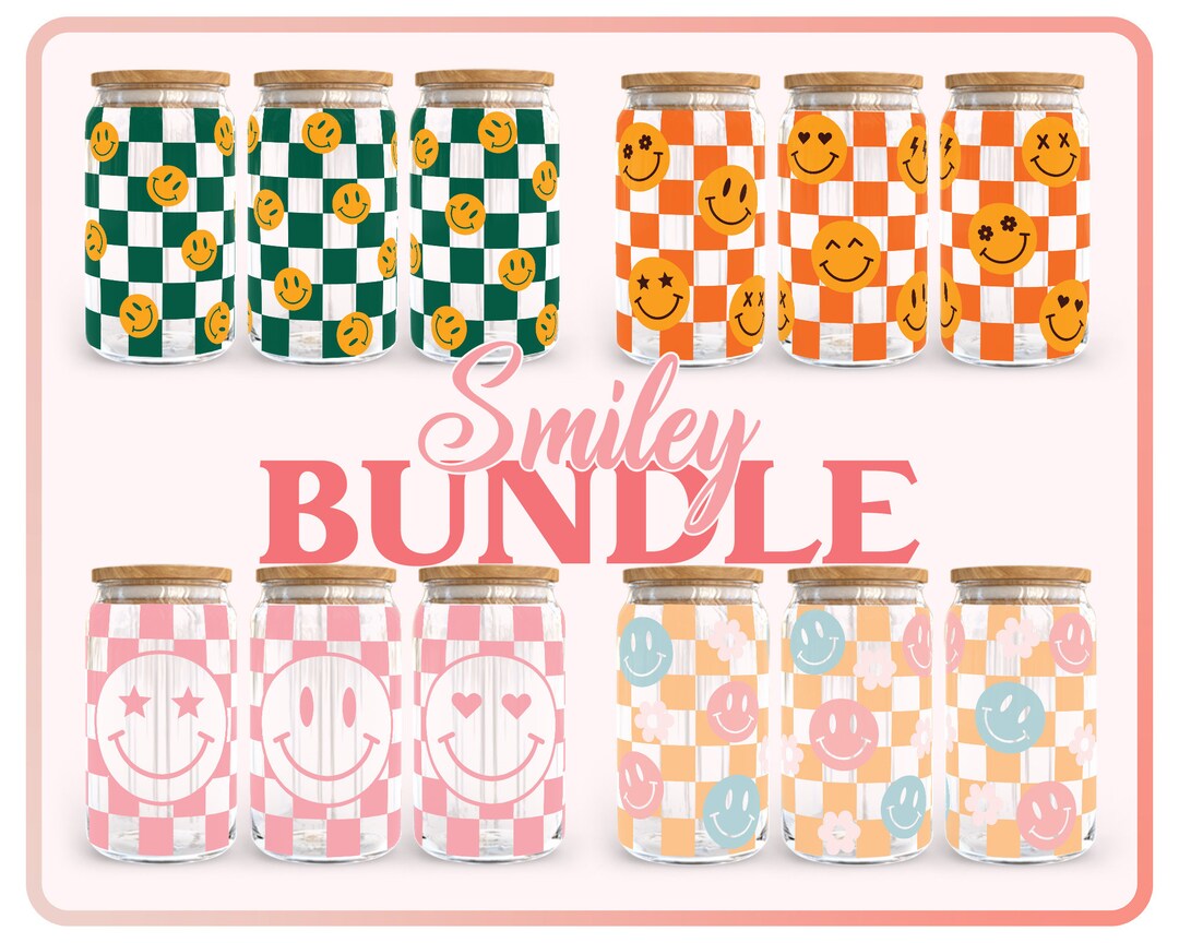Checkered Smiley SVG Bundle, Retro Smiley Full Wrap for Libbey Can ...