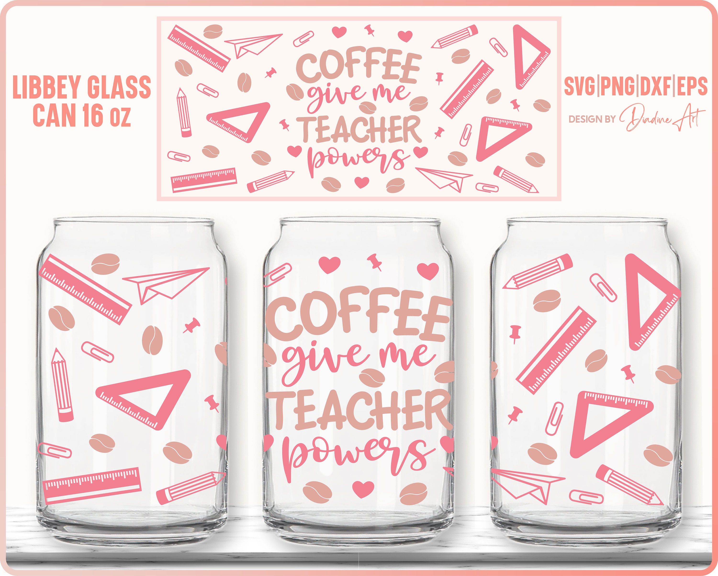 9 Teacher Seamless Full Wrap Bundle for Libbey Can Glass 16 Oz SVG PNG ...