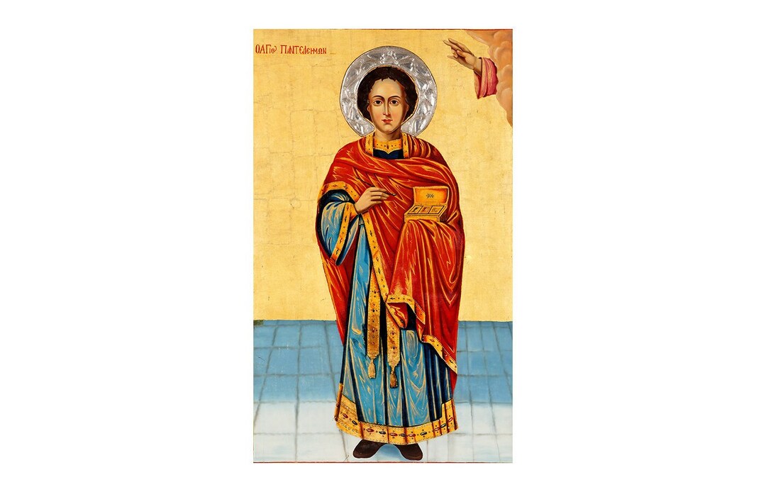 Saint Panteleimon Greek Orthodox Icon, Saint Pantaleon Byzantine Icon ...