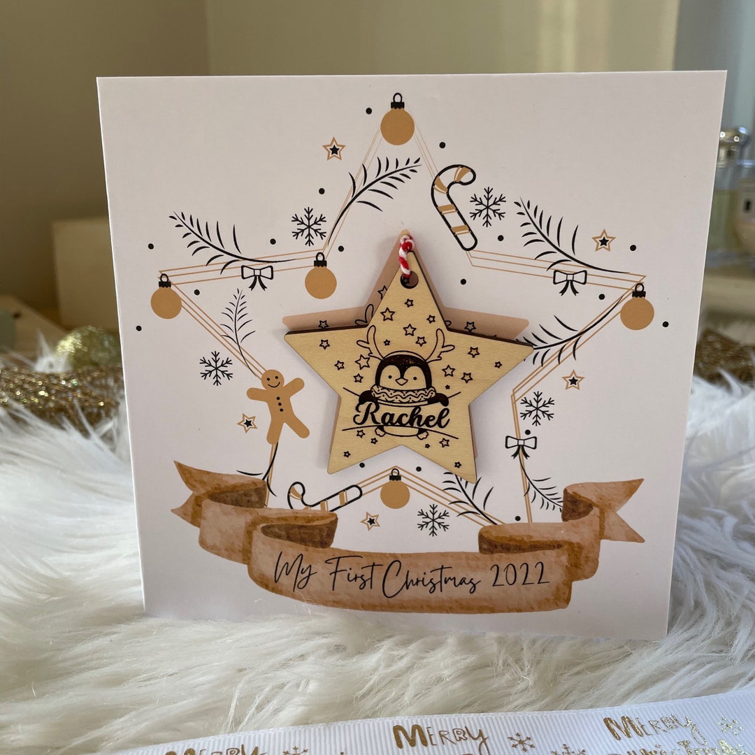 My First Christmas, Merry Christmas Card With Wooden Keepsake Ornament ...