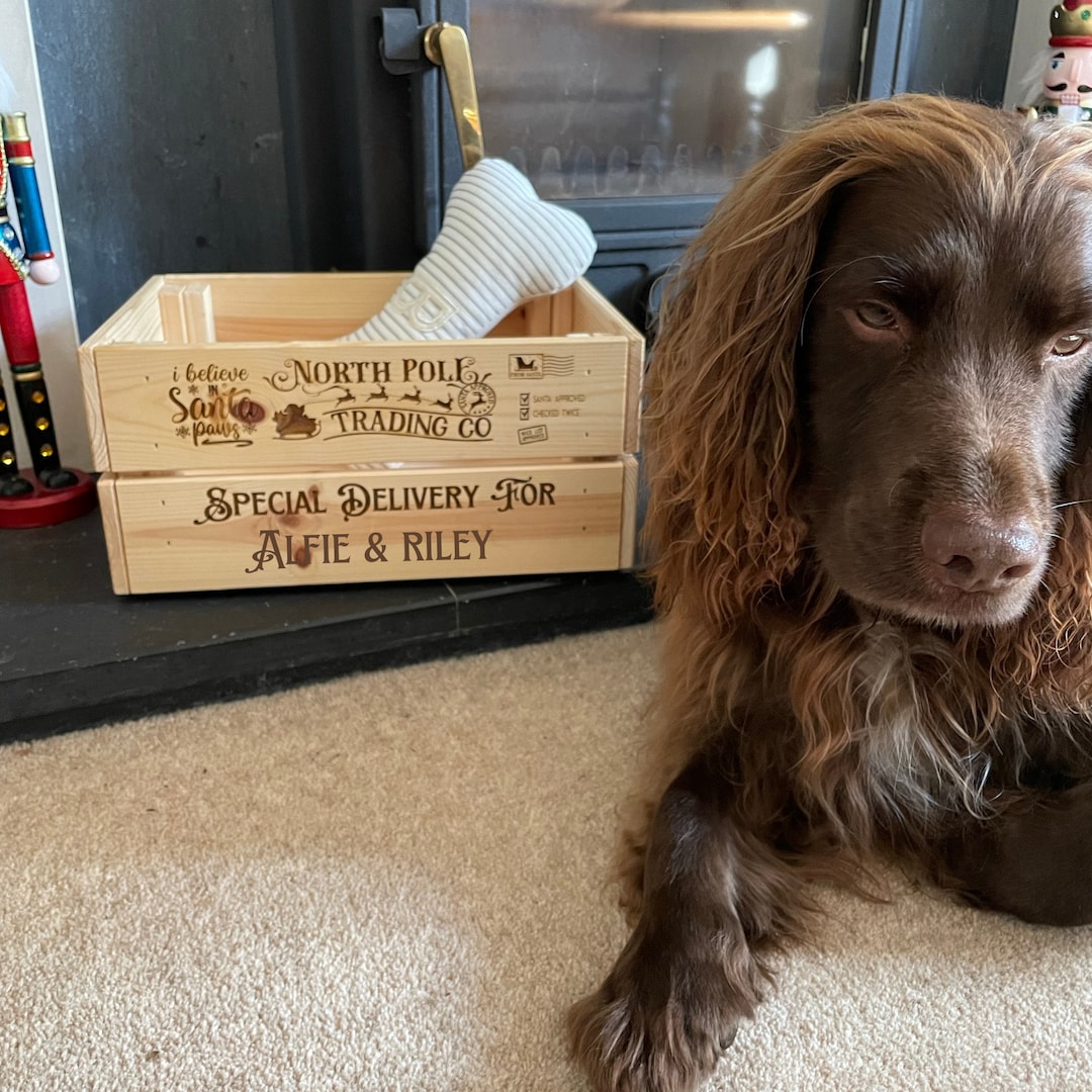 Personalised Pet Dog Christmas Box Toy Crate - Engraved Wooden Pet Dog ...