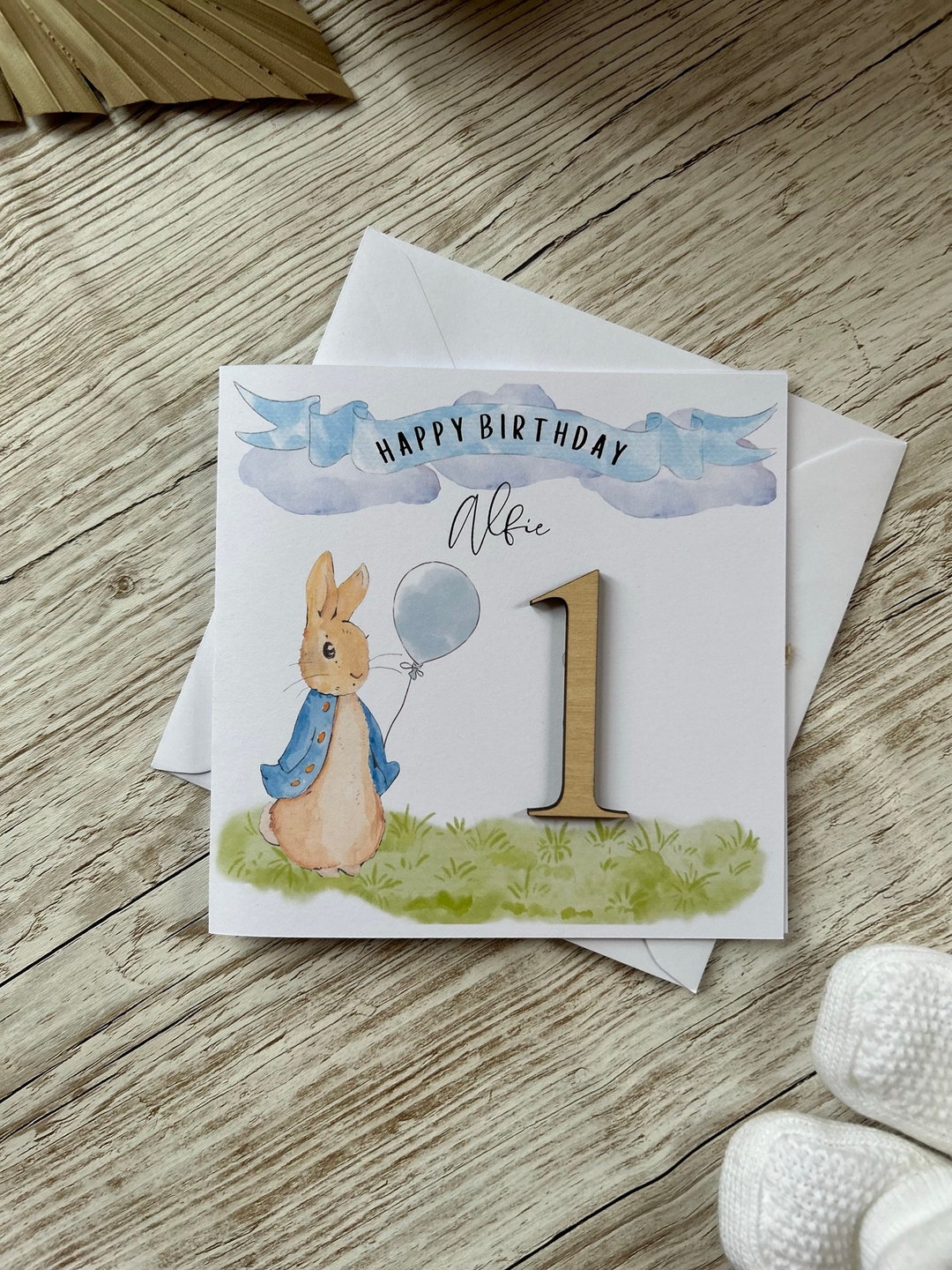 Bunny Rabbit 1st Birthday Card - Wooden Keepsake, Card for 1st Birthday ...