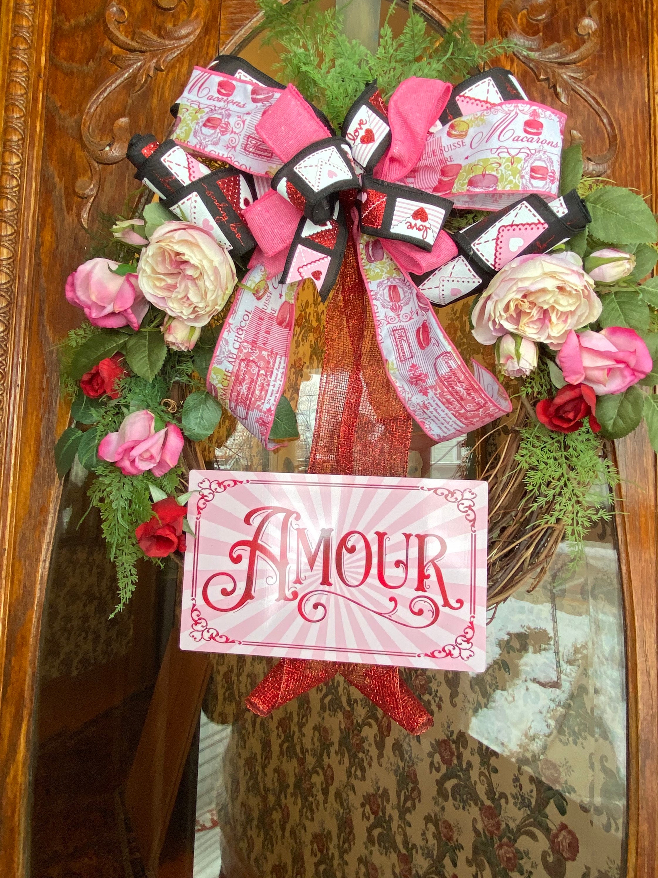 Valentine Rose Wreath, French Amour Sign, Pink Rose Flowers, Front Door ...