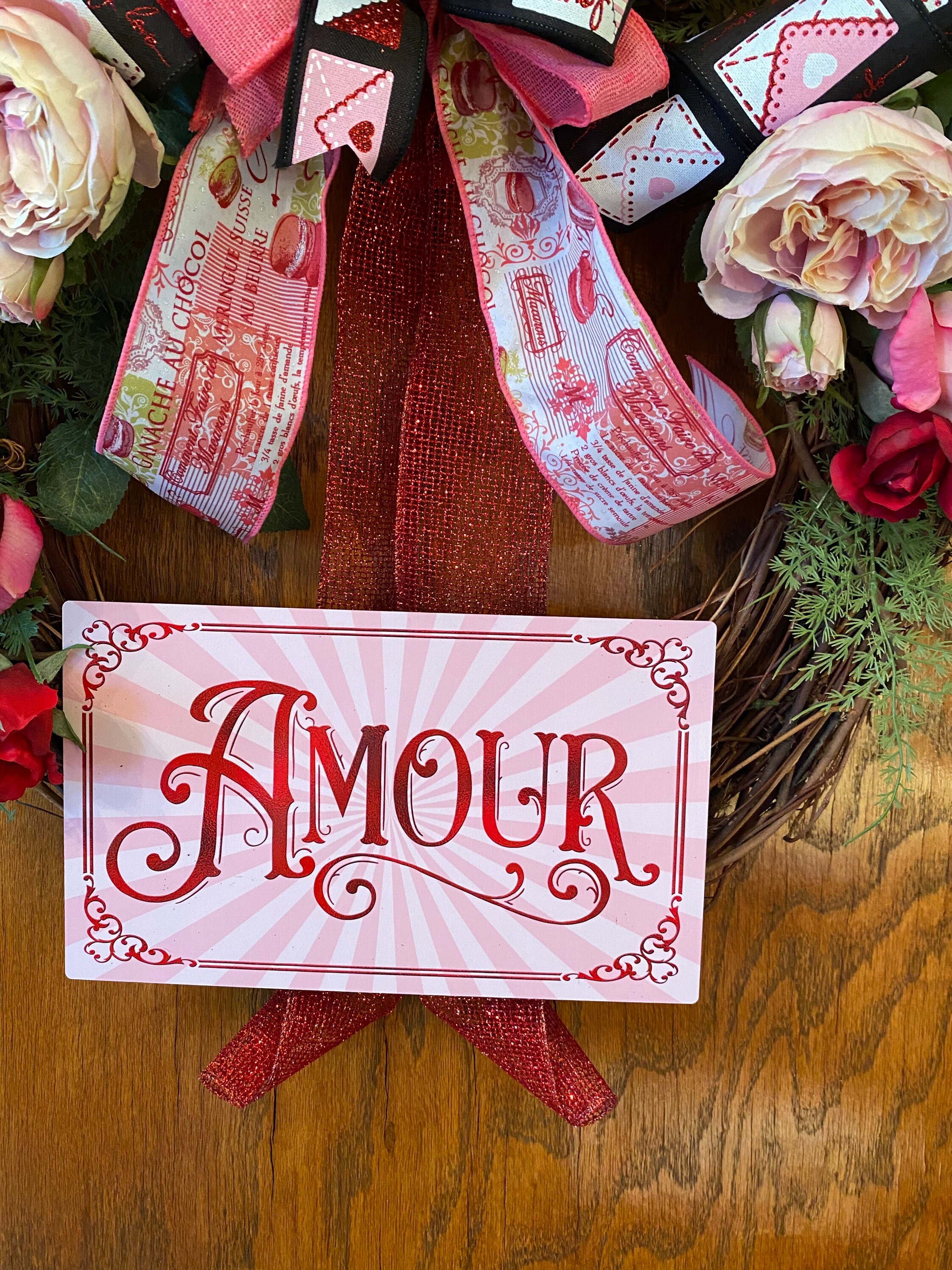 Valentine Rose Wreath, French Amour Sign, Pink Rose Flowers, Front Door ...