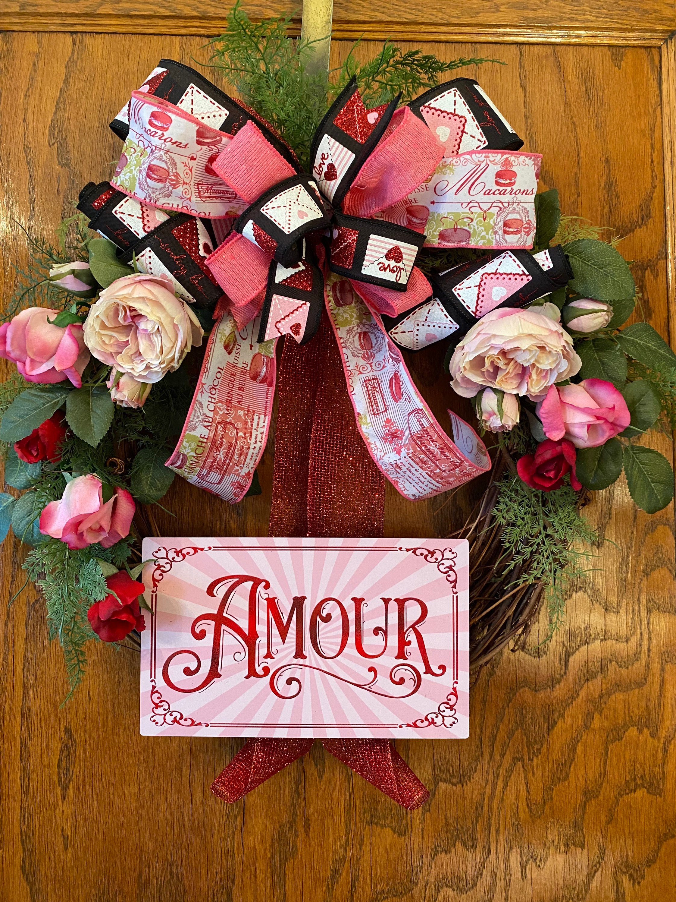 Valentine Rose Wreath, French Amour Sign, Pink Rose Flowers, Front Door ...