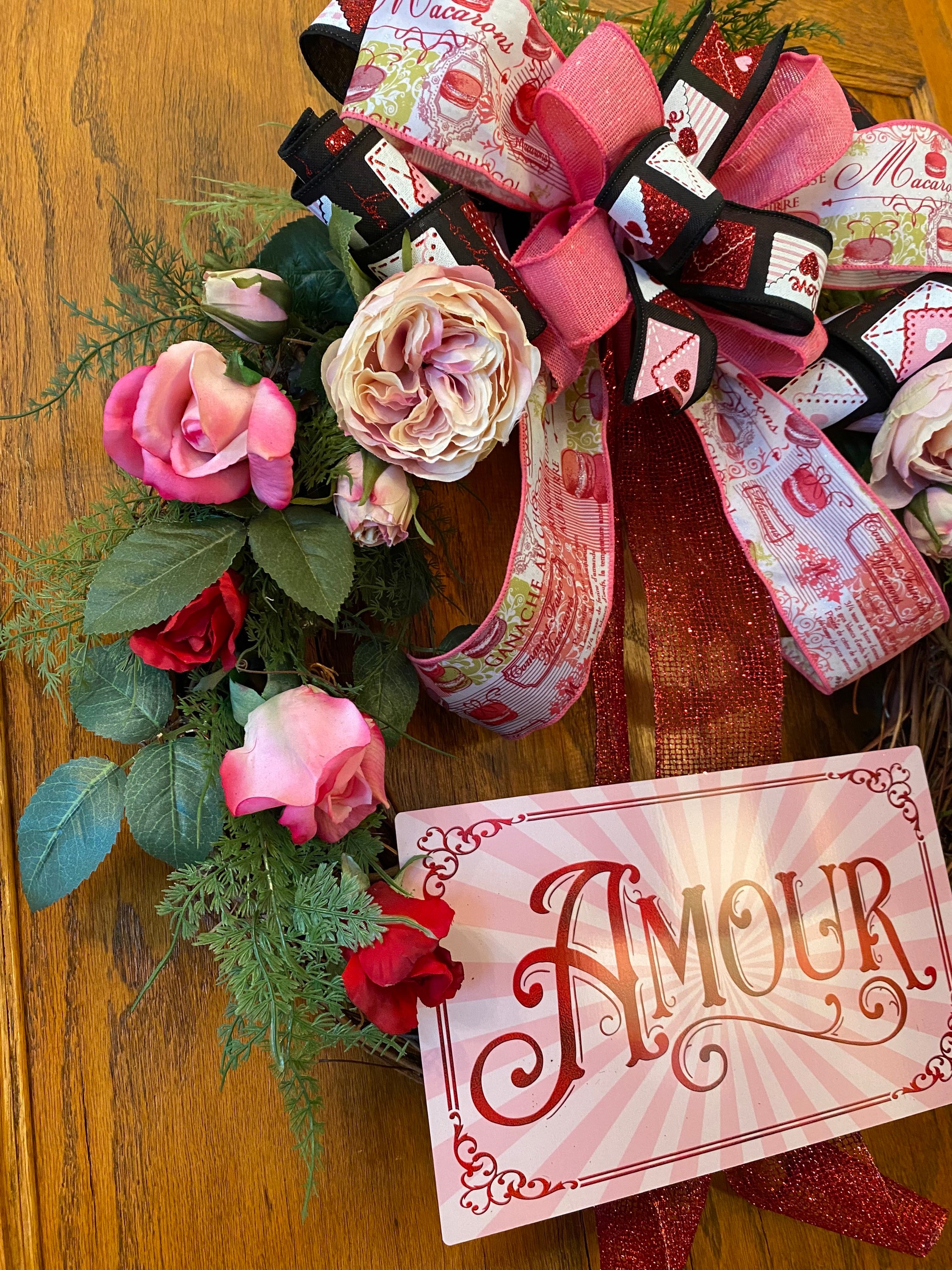 Valentine Rose Wreath, French Amour Sign, Pink Rose Flowers, Front Door ...