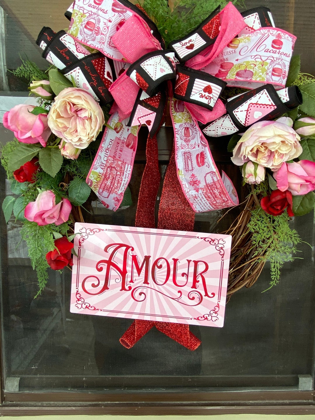 Valentine Rose Wreath, French Amour Sign, Pink Rose Flowers, Front Door ...