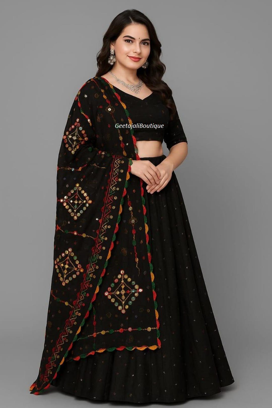 Black Embroidered Mirror Work Dupatta | Multicolor Border Bandhani ...