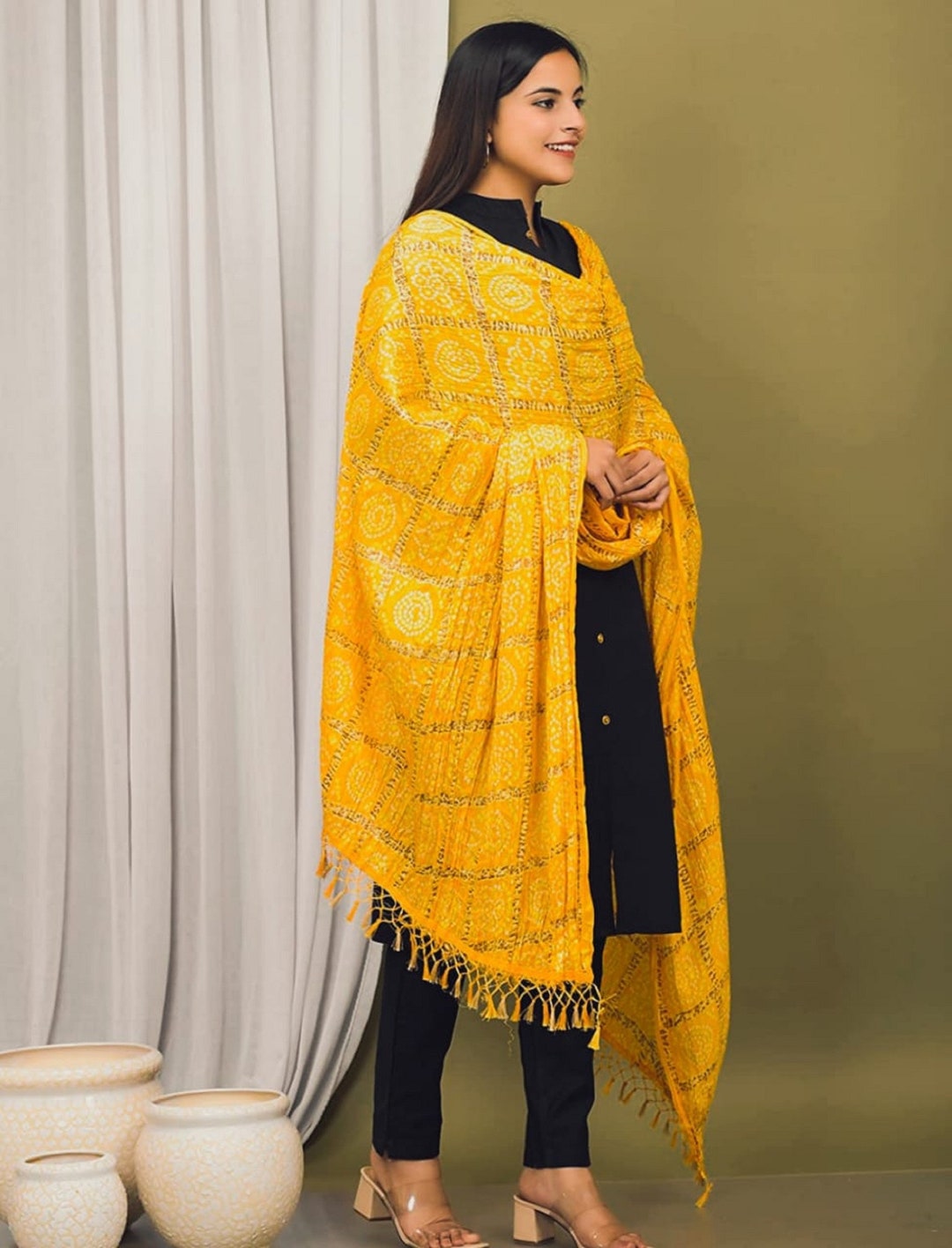 Bandhani Dupatta Scarf With Fringes Indian Ethnic Crepe Silk - Etsy