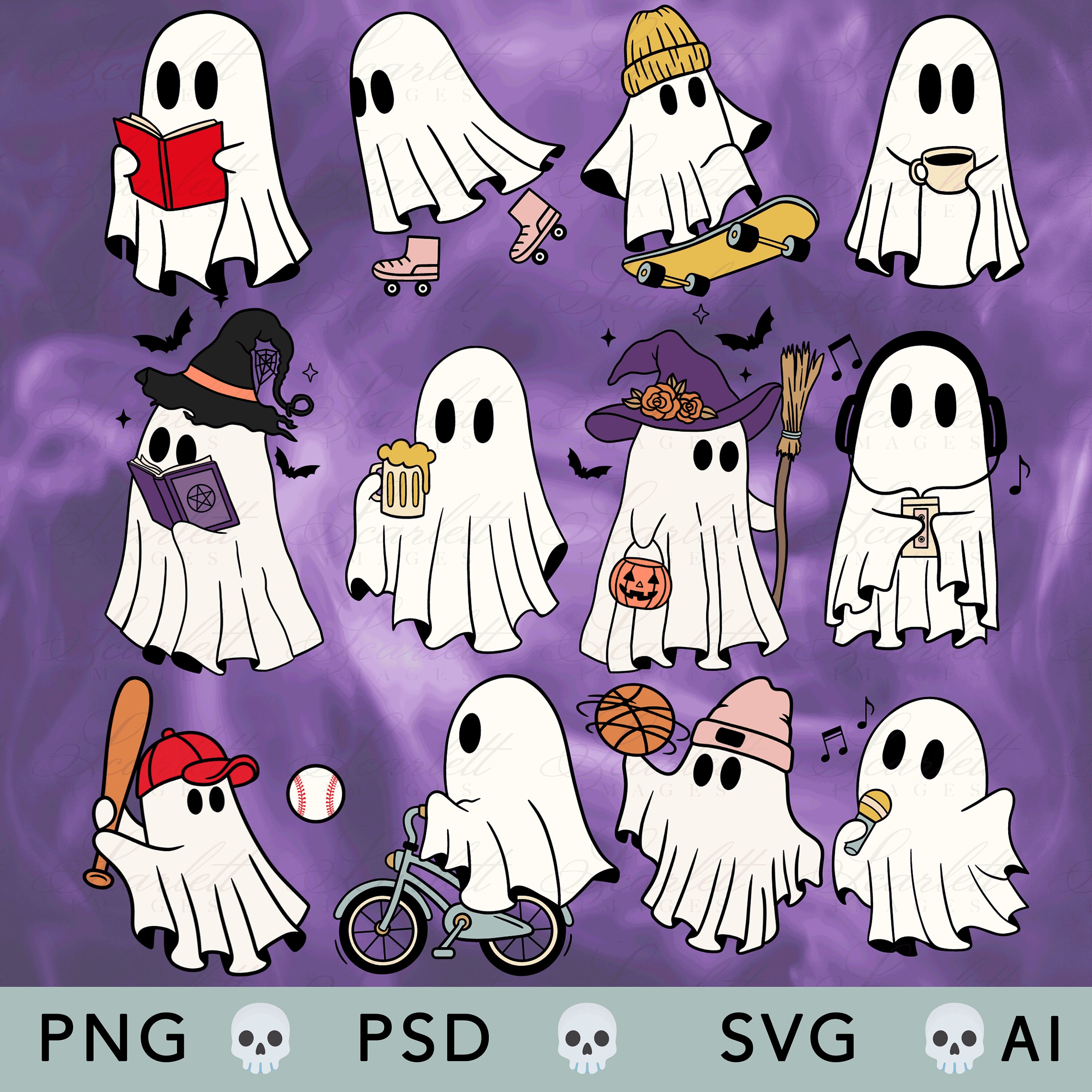 12 Cute Ghosts SVG Bundle PNG PSD Ai Transparent Background Reading ...