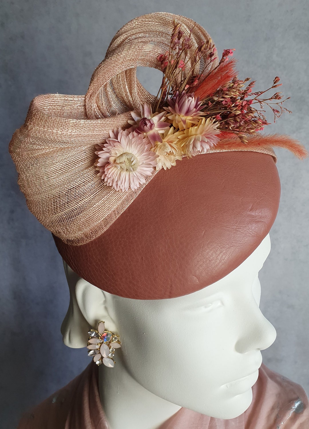 Handmade Pink Fascinator With Natural Leather Guest Hat, Elegant ...