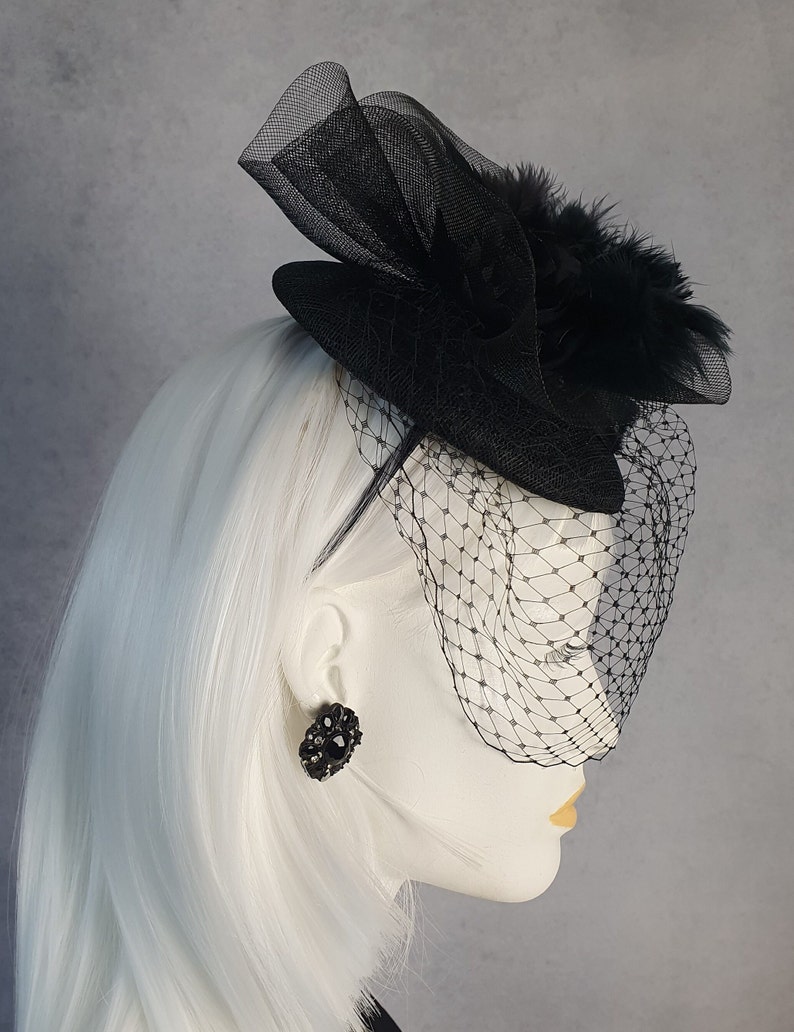 Black Fascinator Handmade From Sinamay, With Crinoline Rooster Feathers ...