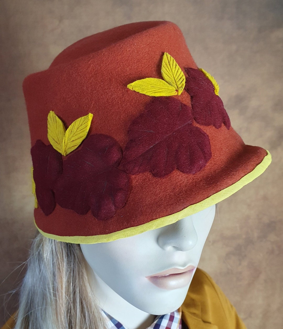 Felt Hat, Handmade in the Color Orange. for Women, With Autumn Leaves ...