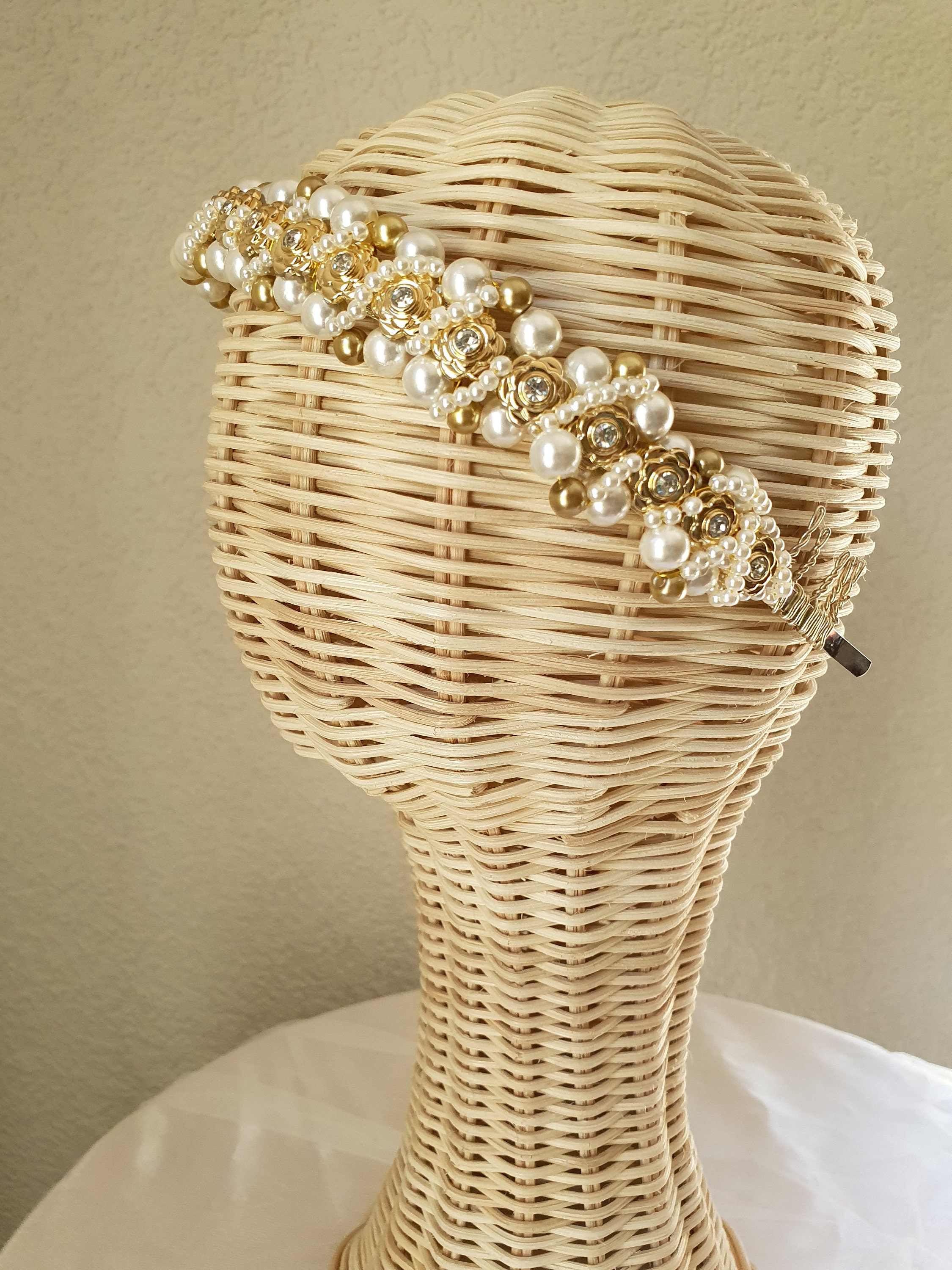 Handmade Headband With Pearls and Gold Plastic Roses Beautiful Headband ...