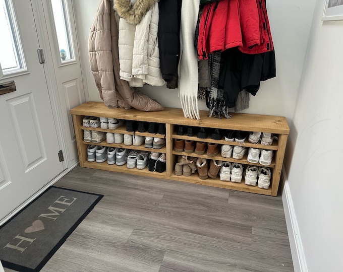 Extra Deep & Long Wooden Shoe Bench, 30cm Deep Shoe Rack, Solid Pine ...