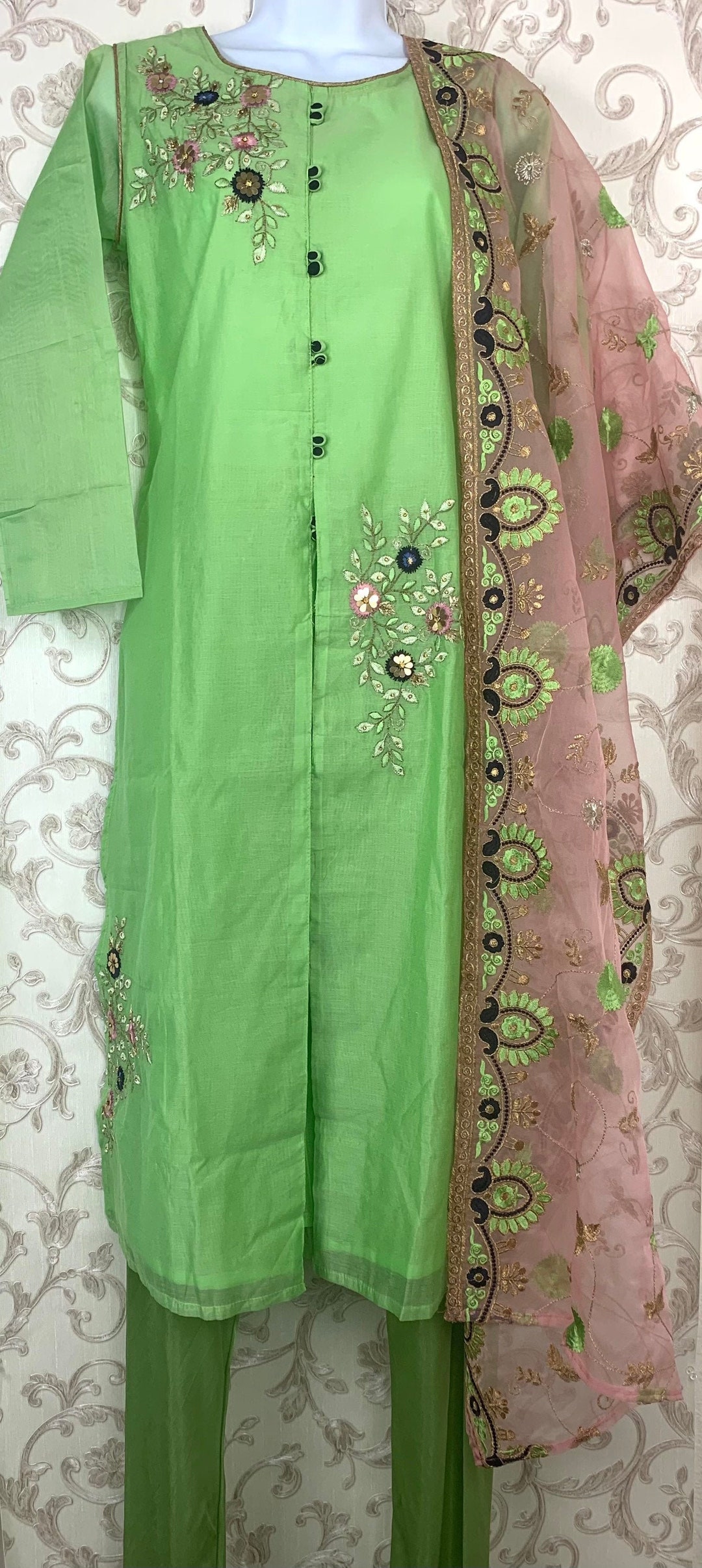 Chest:38”.cotton Silk Churidar Set With Threadwork and Sequins ...