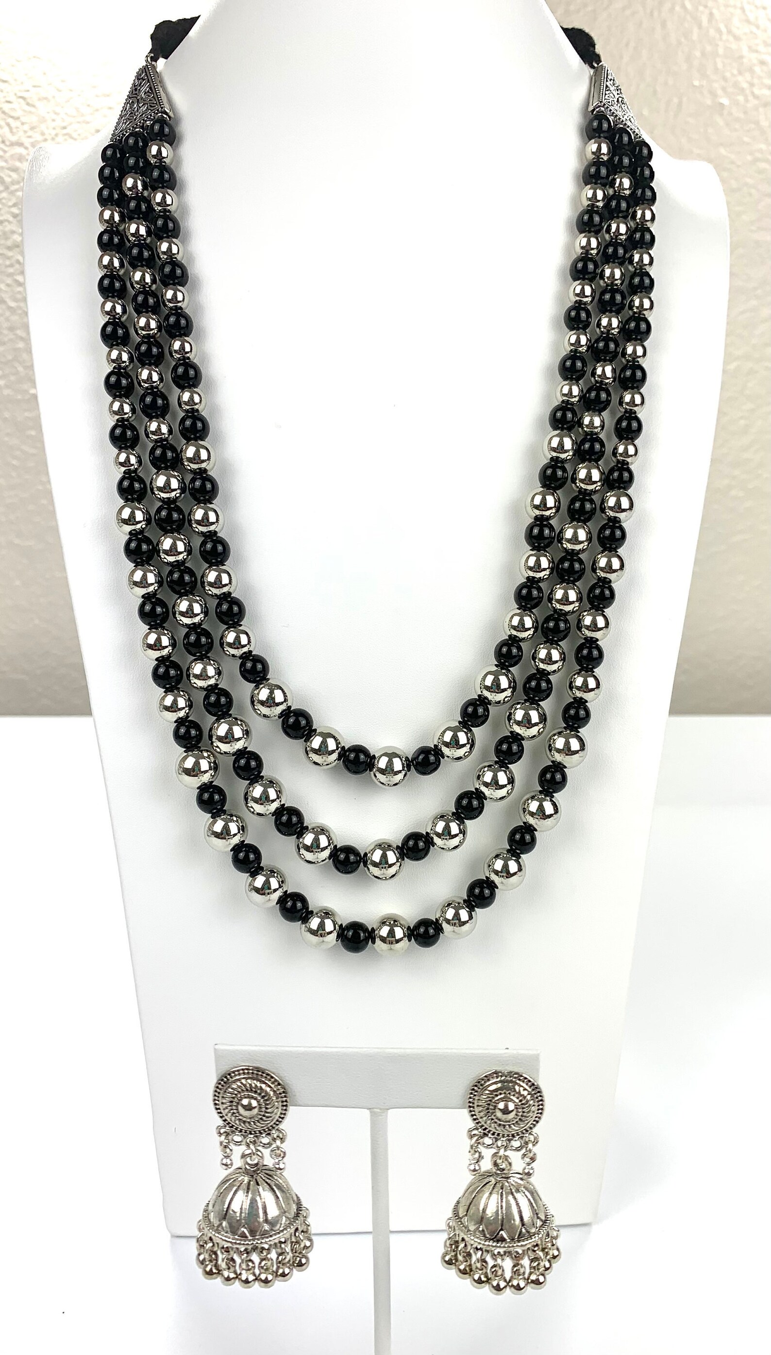 Multi-layered Oxidized Silver Mala Set With Jhumka - Etsy