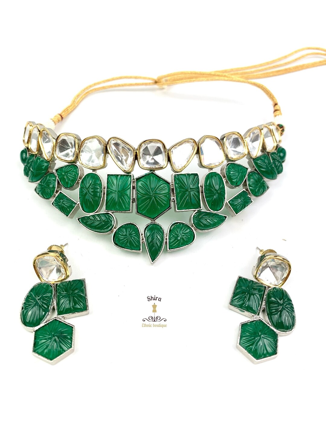 Statement Bib Choker Set in Premium Uncut Moissanites and Emerald Hand ...