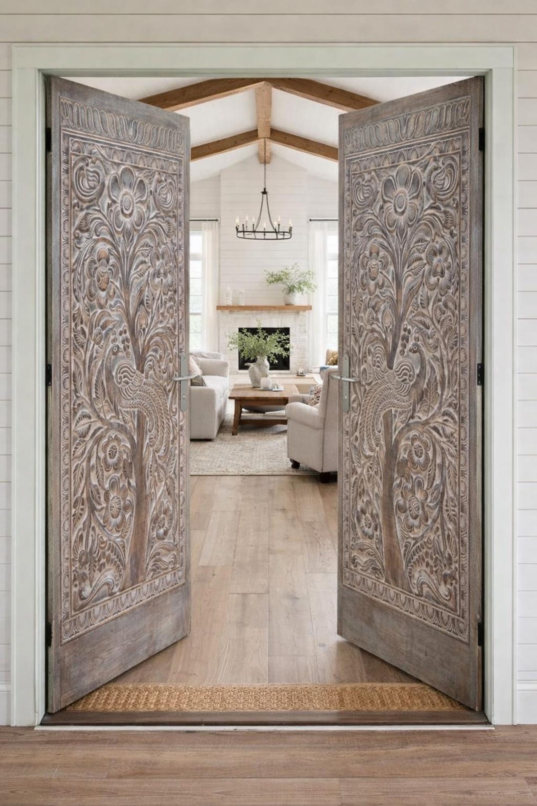 Hand Carved Tree of Life Door, Solid Wood Artistic, Birds & Floral ...