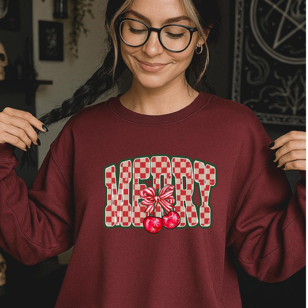 MERRY Sweater, Merry Christmas Crewneck Sweater, Retro Cherry Checkered ...
