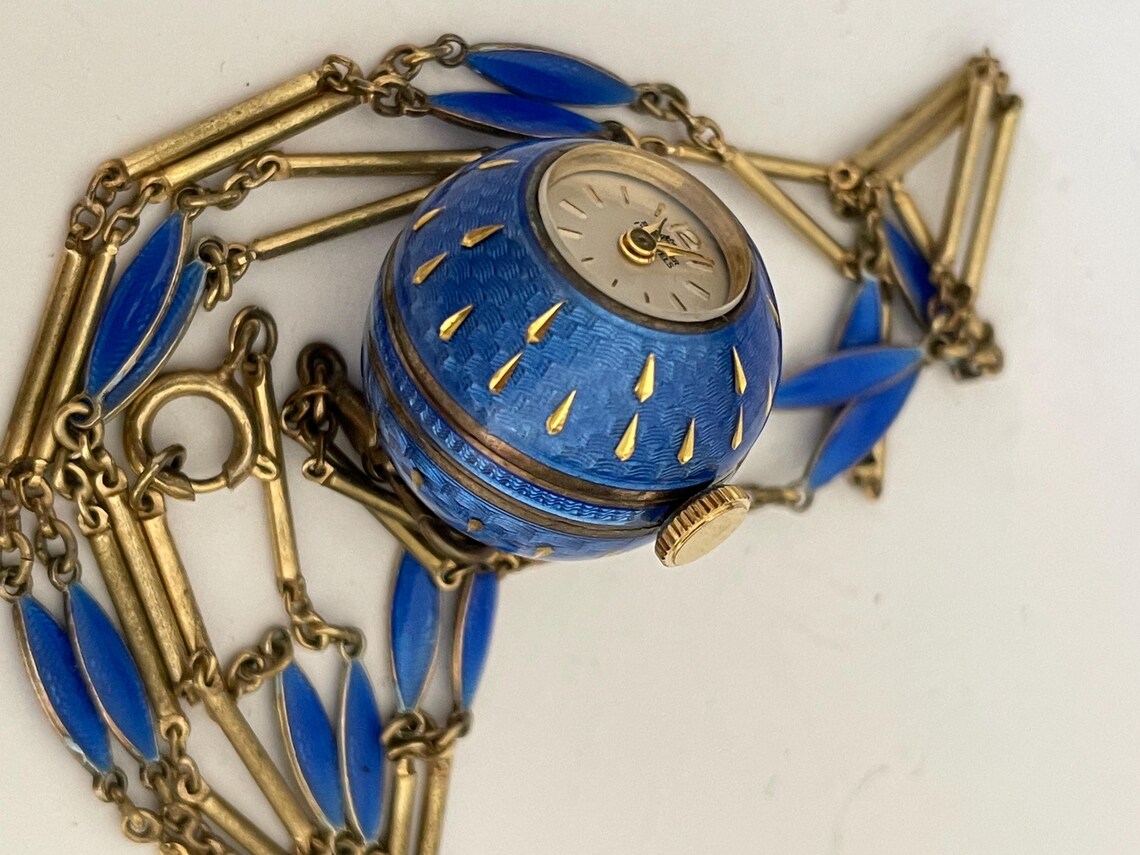 Vintage Bucherer Blue Guilloche Enameled Pendant Watch Necklace ...
