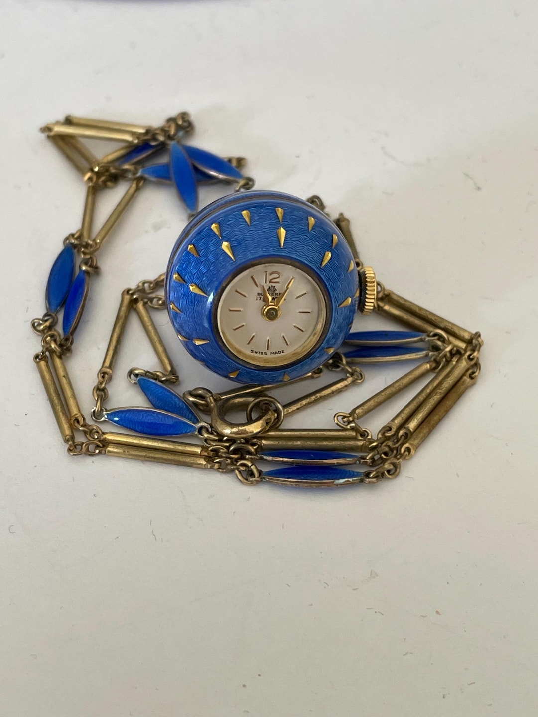 Vintage Bucherer Blue Guilloche Enameled Pendant Watch Necklace ...