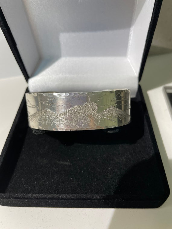 Sterling Silver Hand Made Mountain Scene Cuff Bracelet - Gem