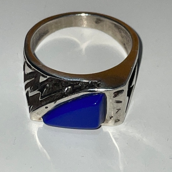 Modernist 1994 Sterling Lapis Niello Design Ring - Gem