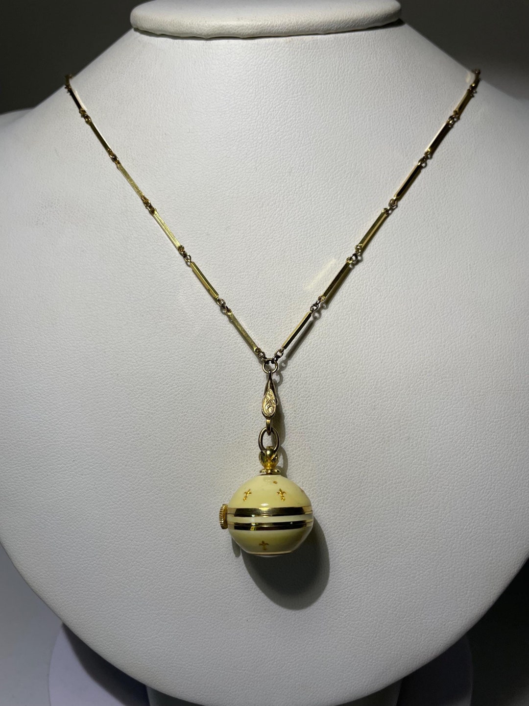 Vintage Bucherer Ball Pendant Watch Enamel Fleur De Lis Gold Accents in ...