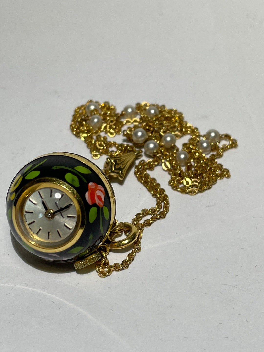 Bucherer Ladies Mechanical Enameled Pendant Watch Matching 30 Necklace ...