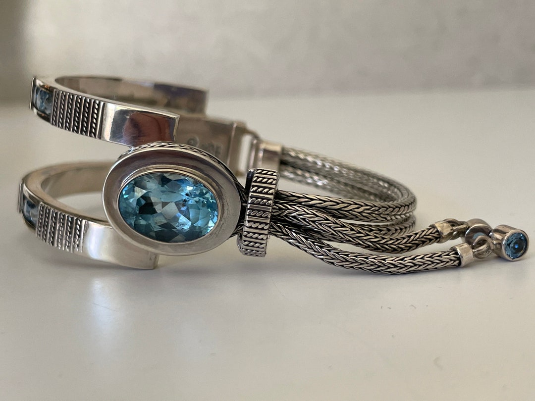 Bali Designer Sterling Silver Wheat Chain Blue Topaz Hinged Bangle ...
