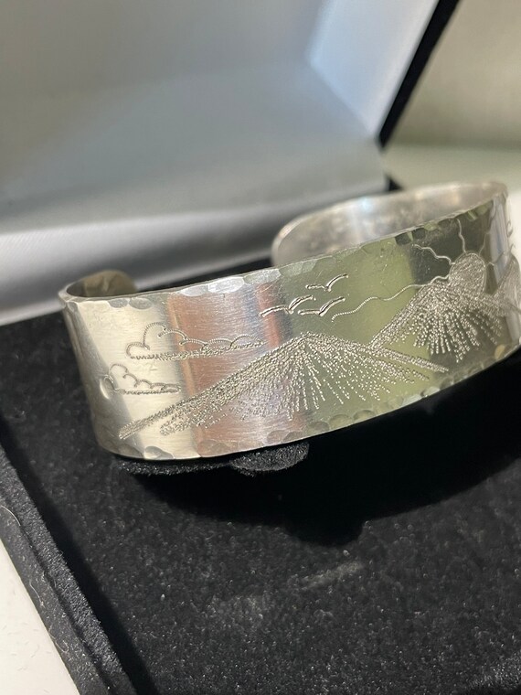 Sterling Silver Hand Made Mountain Scene Cuff Bracelet - Gem