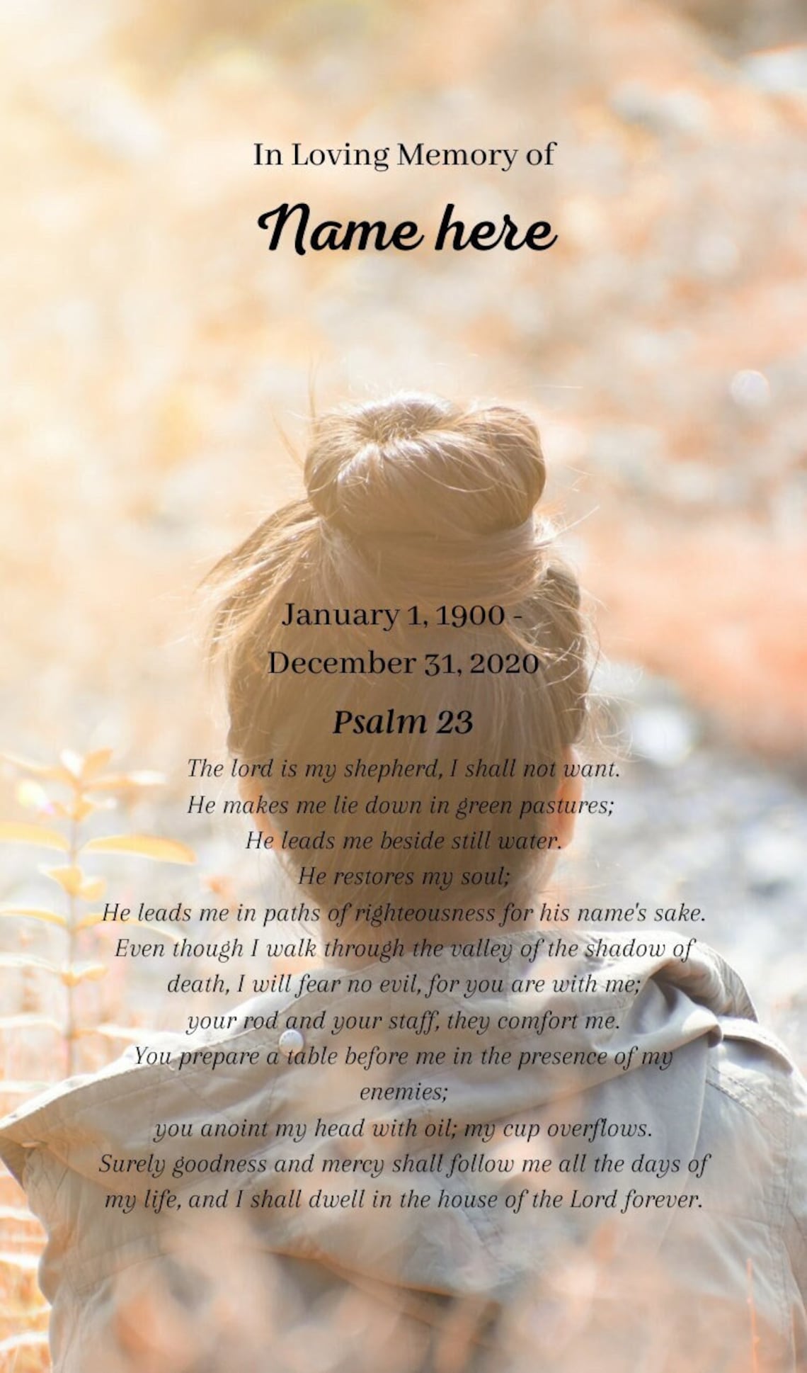 Printable Psalm 23 Personalized Memorial Prayer Cards / Funeral Cards ...