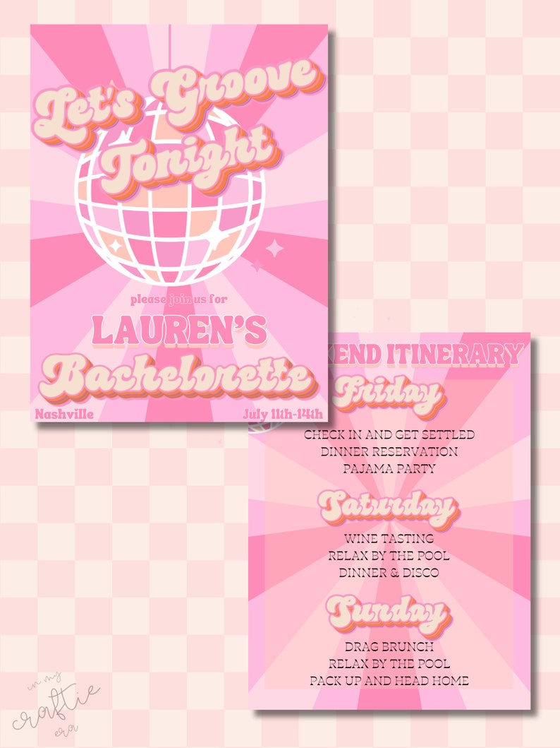 Retro Groovy Disco Bachelorette Party Invitation and Itinerary ...