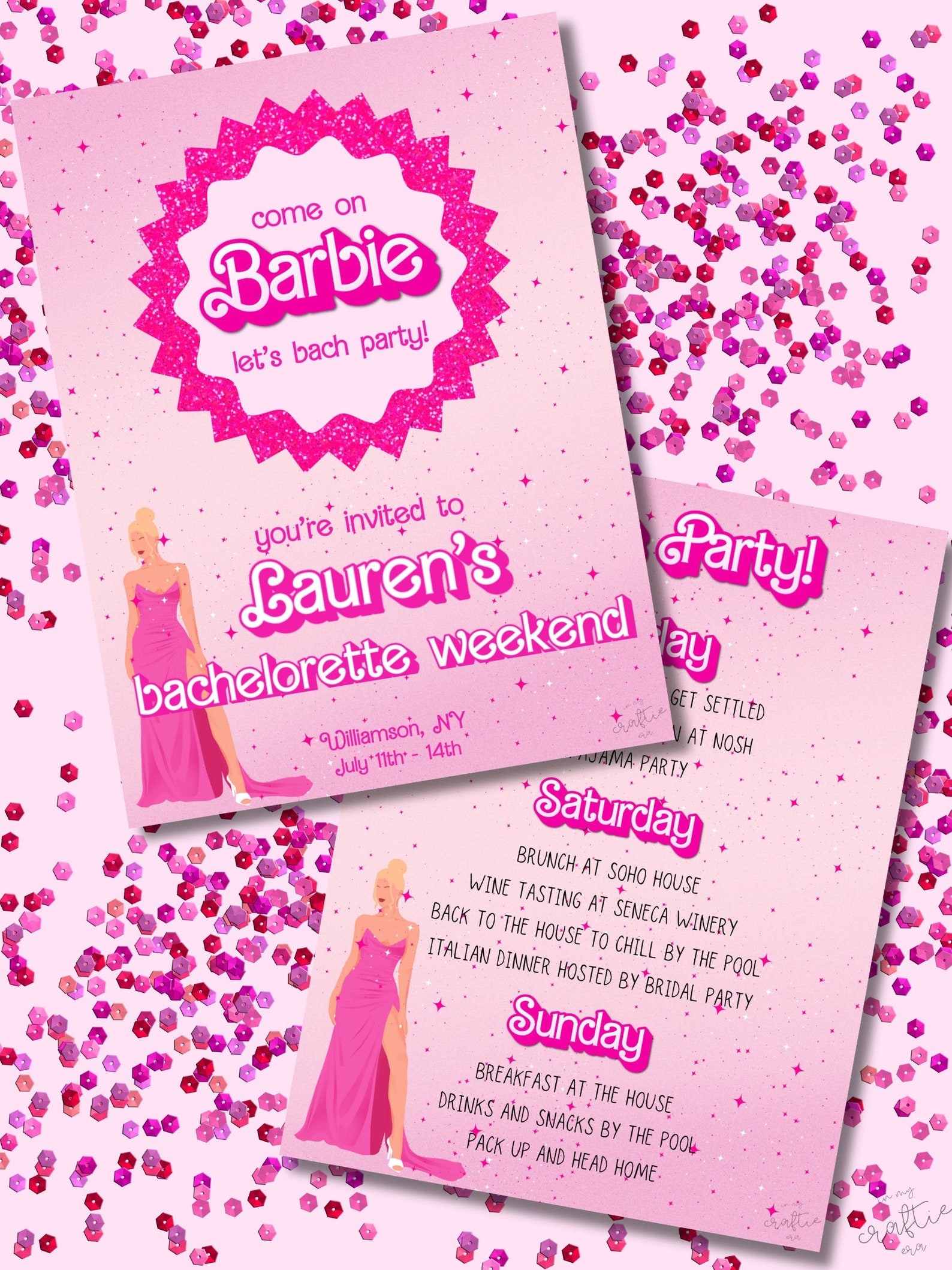Pink Glitter Barbie-themed Bachelorette Invitation and Itinerary ...