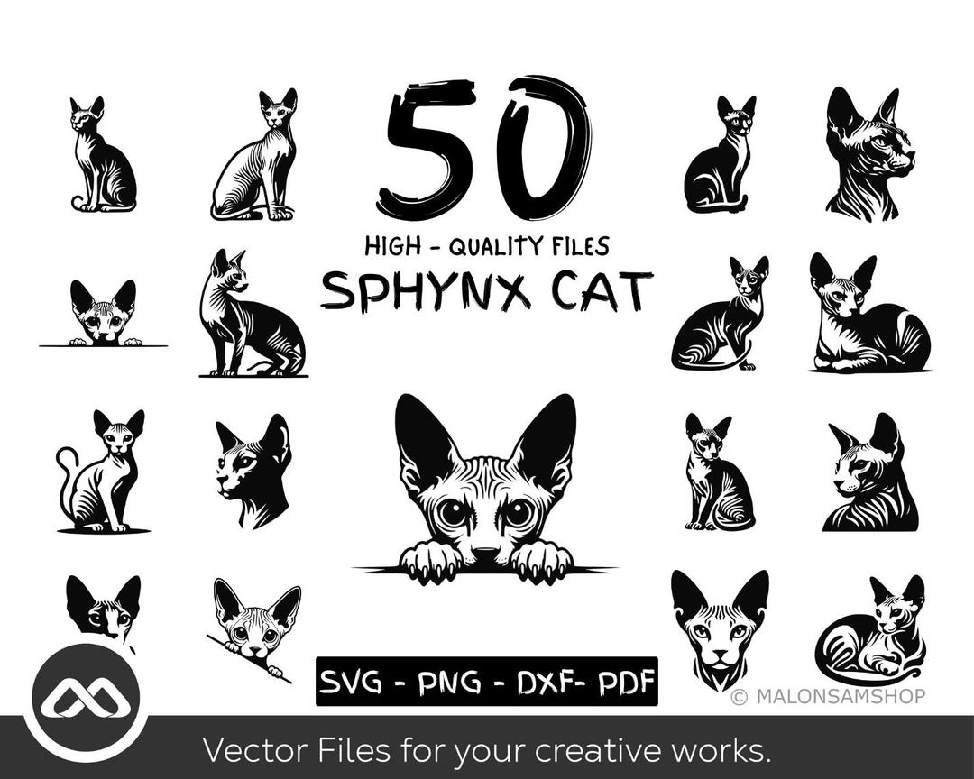 Sphynx Cat SVG Bundle, 50 Sphynx Cat Clipart, Hairless Cat Silhouette ...