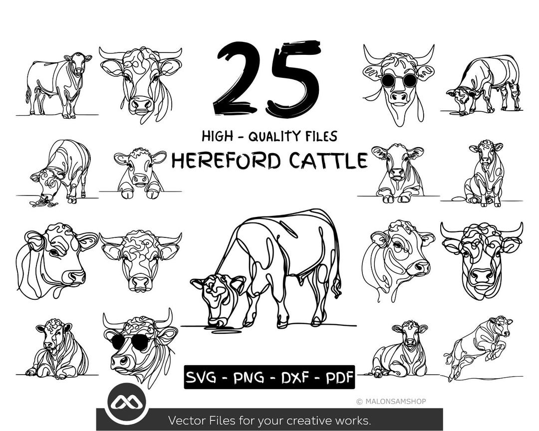 25 Hereford Cattle SVG Bundle, Farm Animal Cow Line Art Clipart, PNG ...