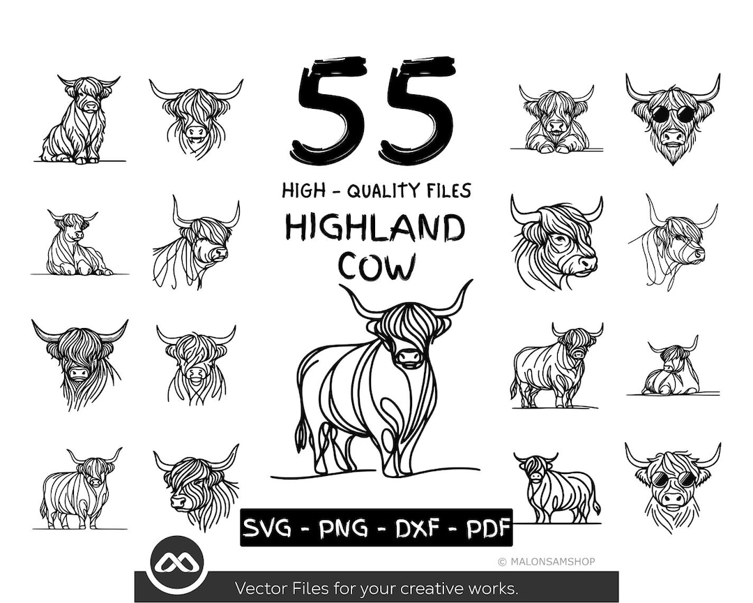 55 Highland Cow Line Art Bundle SVG PNG Dxf PDF, Highland Cattle ...