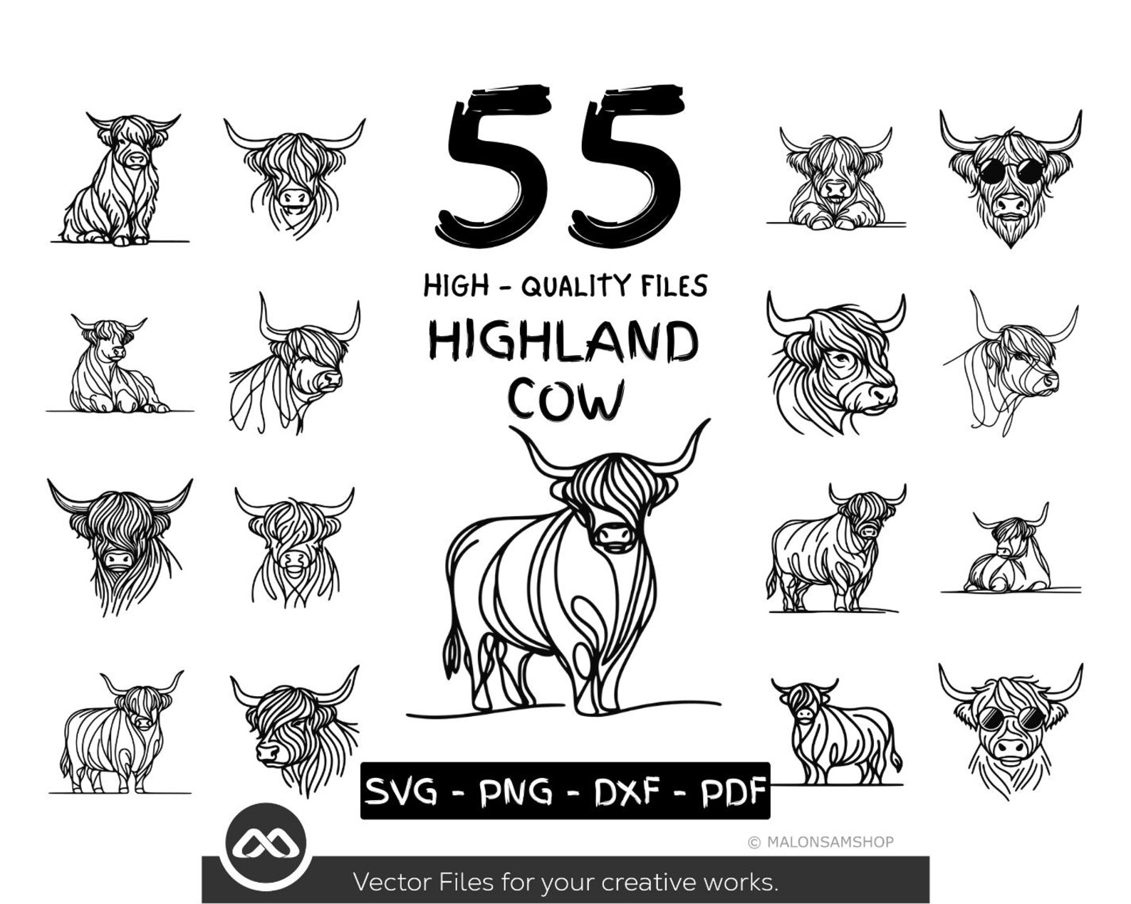 55 Highland Cow Line Art Bundle SVG PNG Dxf PDF, Highland Cattle ...