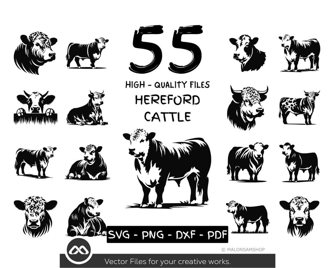 55 Hereford Cattle SVG Bundle for Cricut and Silhouette, Farm Cow ...