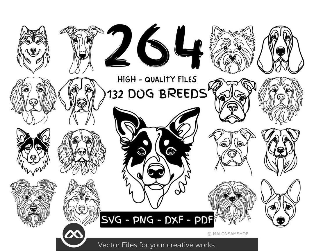 132 Dog Breed Line Art Bundle SVG PNG Dxf PDF | 264 Dog Face Line Drawings | Pet Lover Digital ...