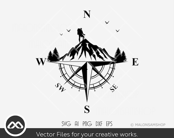 Compass With Mountain Scene SVG PNG Files for Cutting Machines, Digital ...