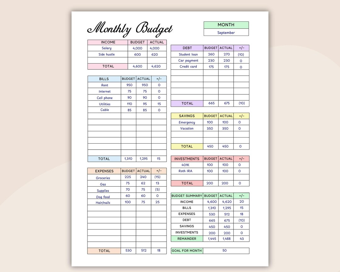 Editable Monthly Budget Planner Worksheet, Printable Finance Planner ...