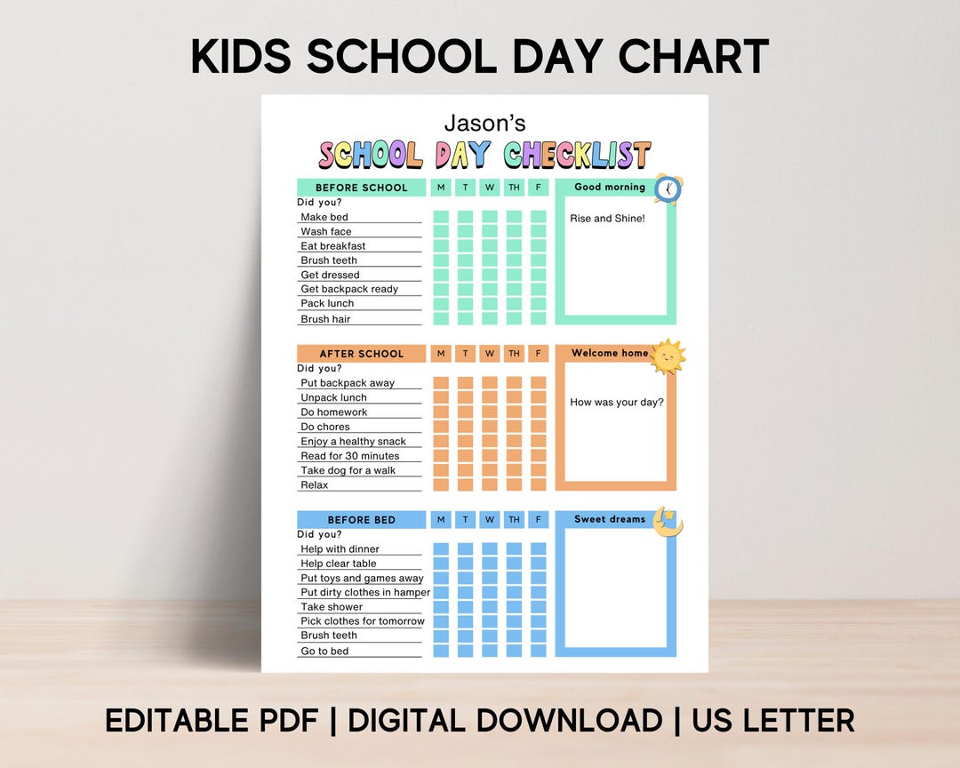Editable Kids School Day Checklist – Daily Routine Chart for Morning ...